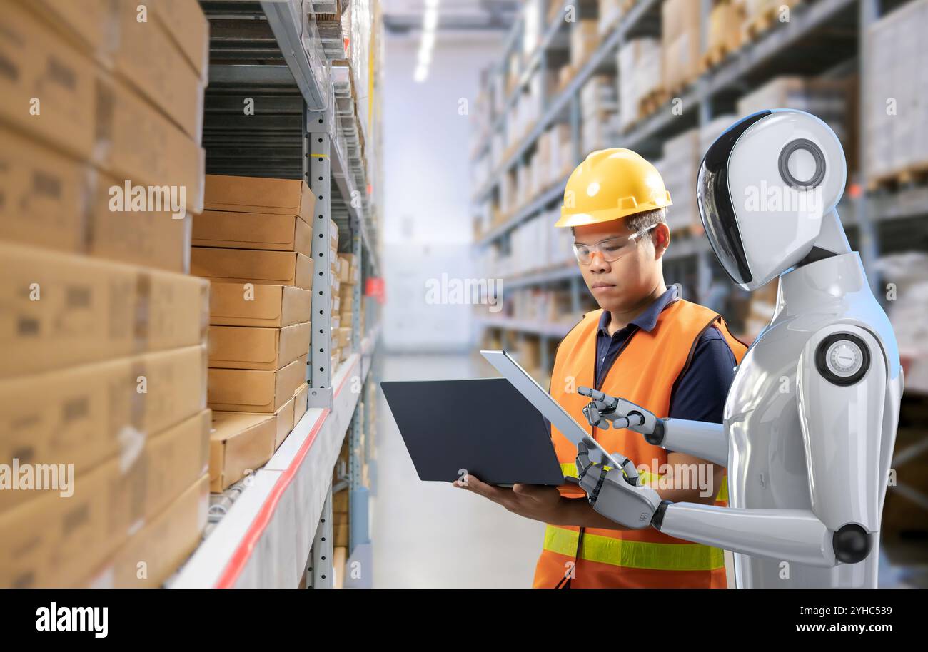 Automation warehouse concept with engineer control assistant robot in ...