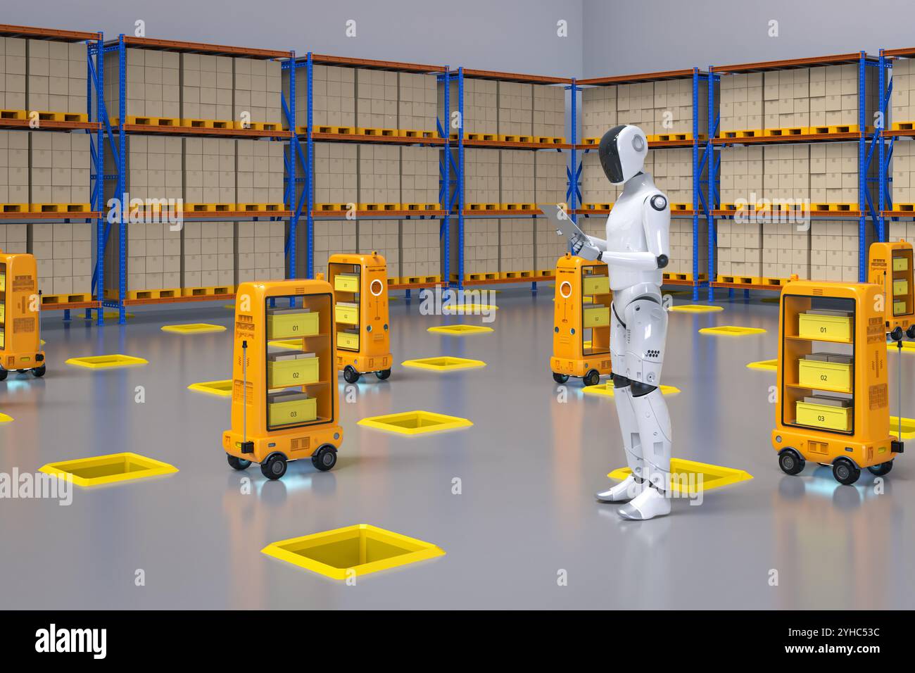 Automation warehouse concept with 3d rendering cyborg and robotic carts work in warehouse Stock ...