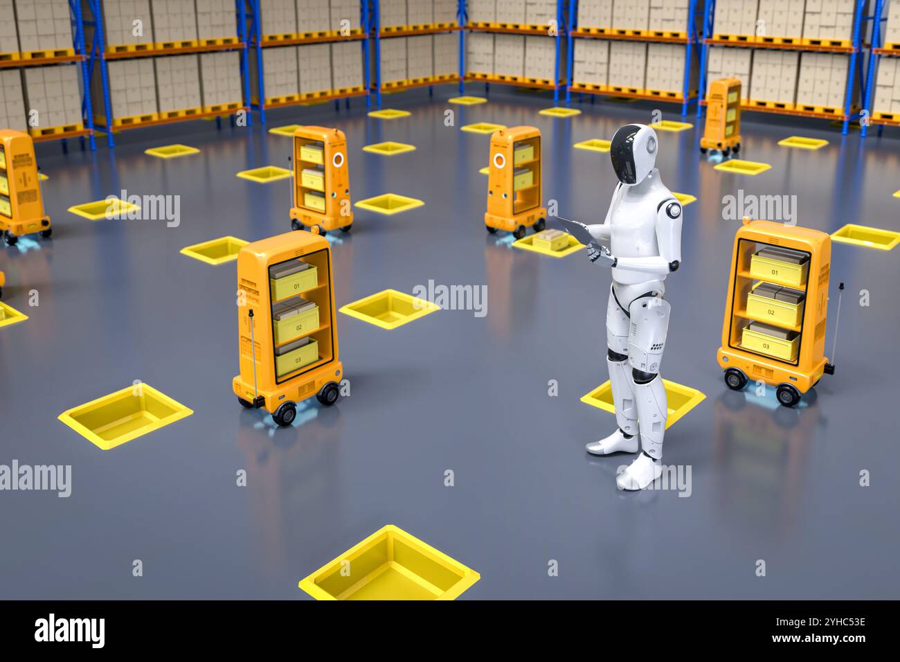 Automation warehouse concept with 3d rendering cyborg and robotic carts ...