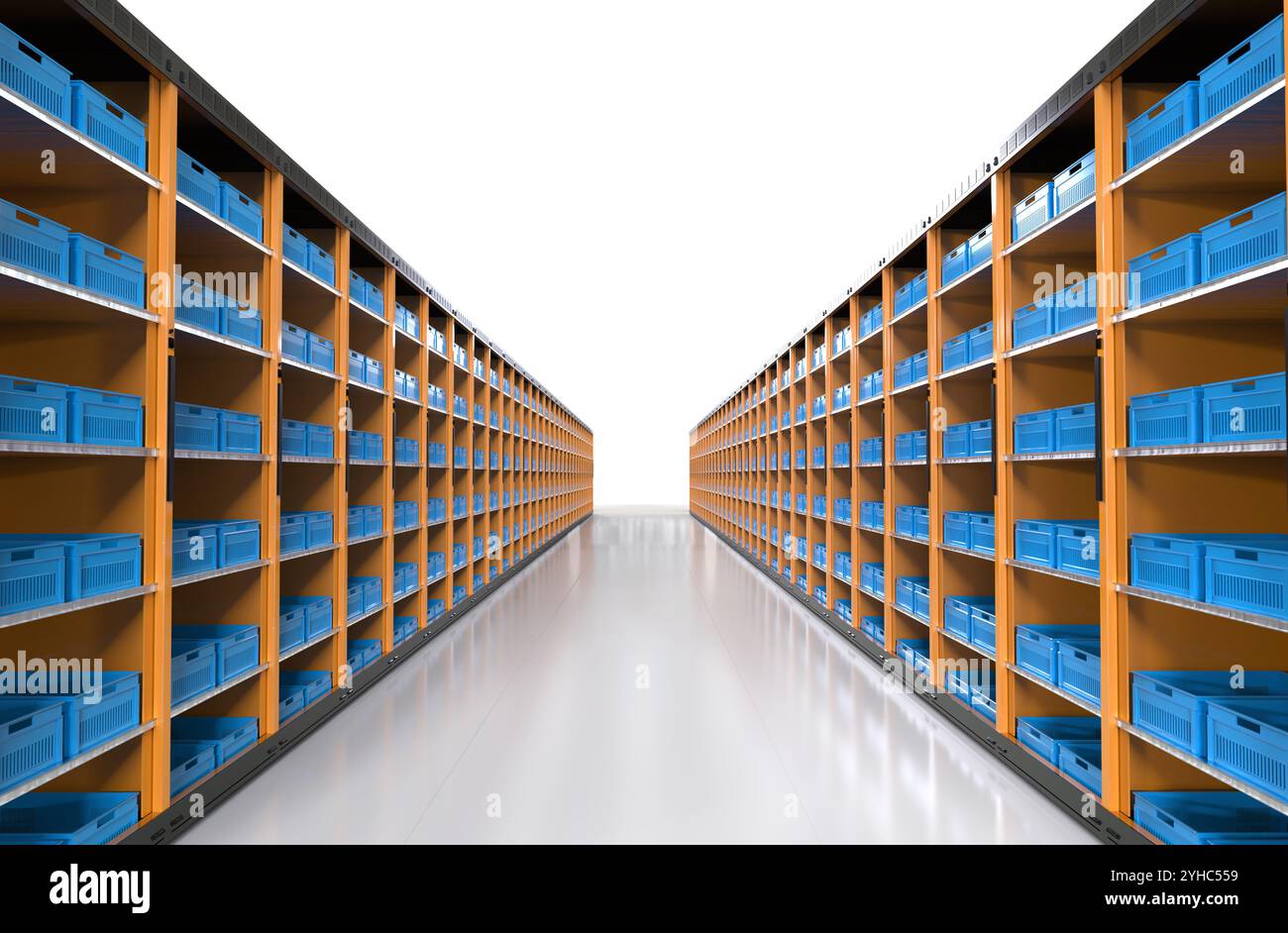 3d rendering warehouse interior with racks full of crates on white ...