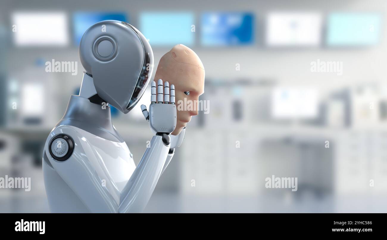 3d rendering humanoid robot or cyborg wear human like skin in ...