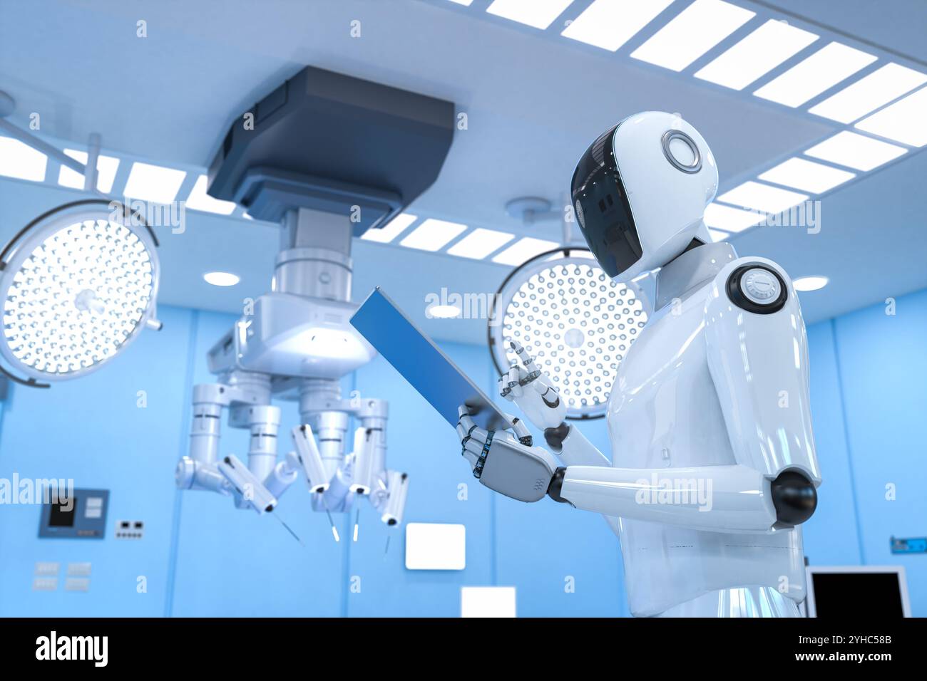 Medical technology concept with 3d rendering cyborg diagnose with C-Arm ...