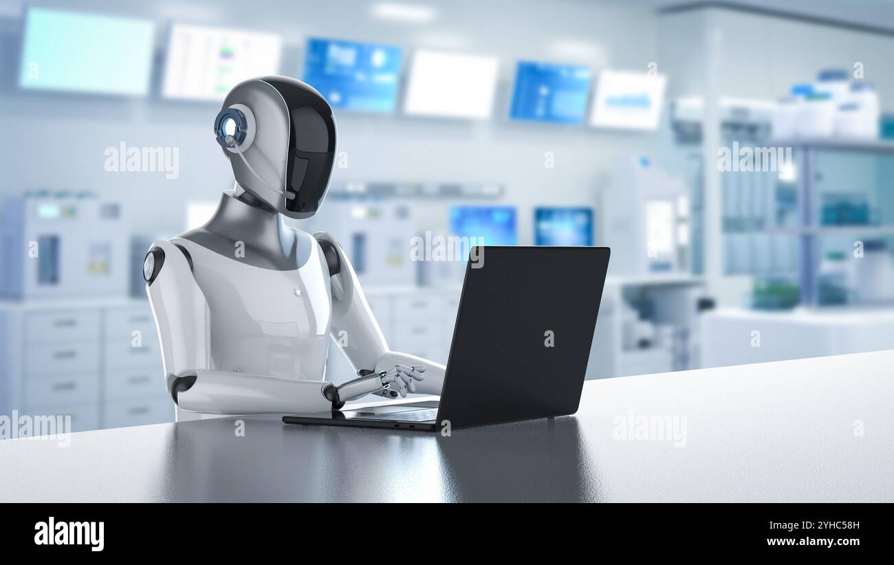 Automation laboratory concept with 3d rendering humanoid robot in white ...