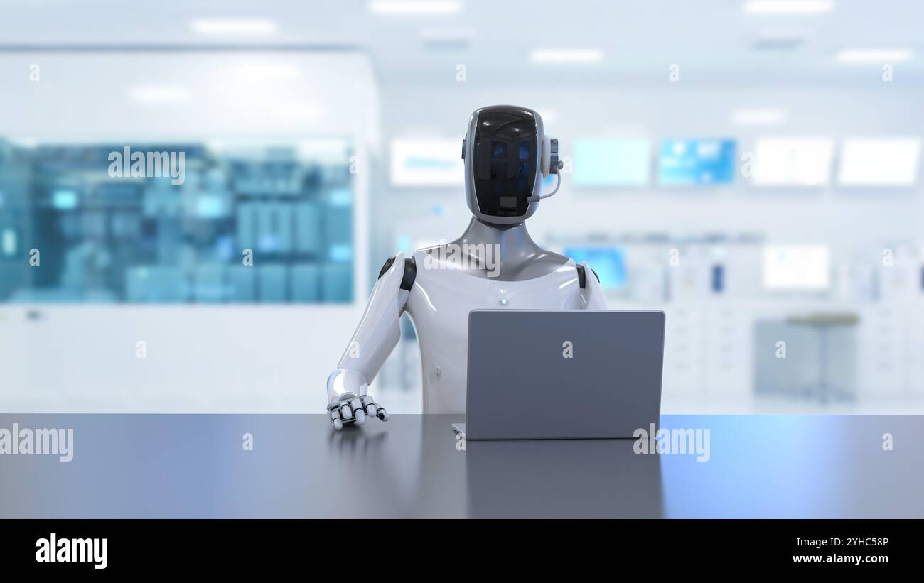 Automation laboratory concept with 3d rendering humanoid robot in white ...