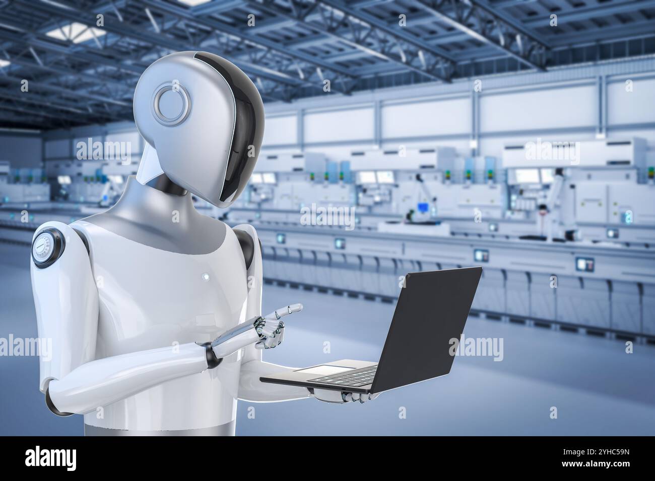 Automation factory concept with 3d rendering humanoid robot working ...