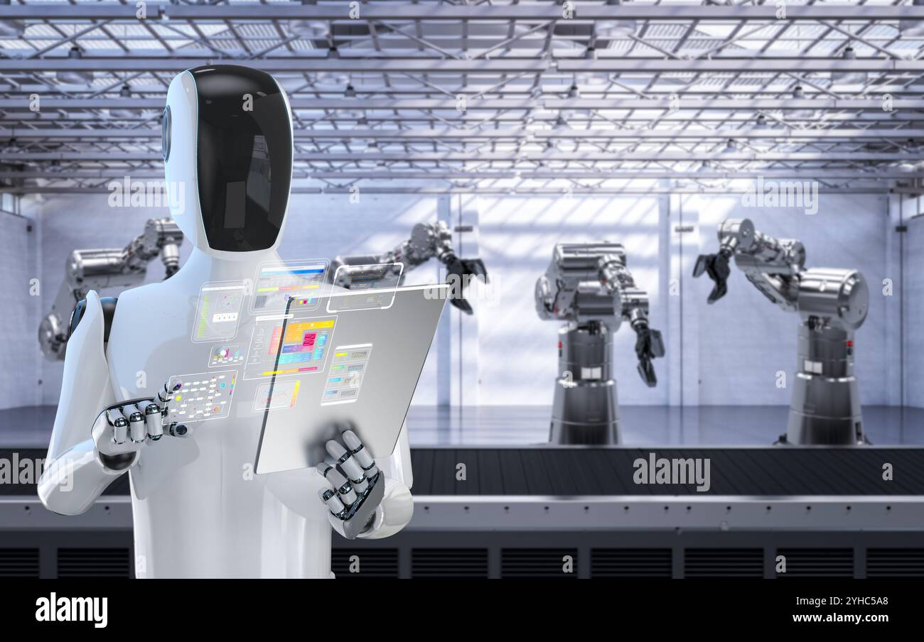 Automation factory concept with 3d rendering humanoid robot working ...