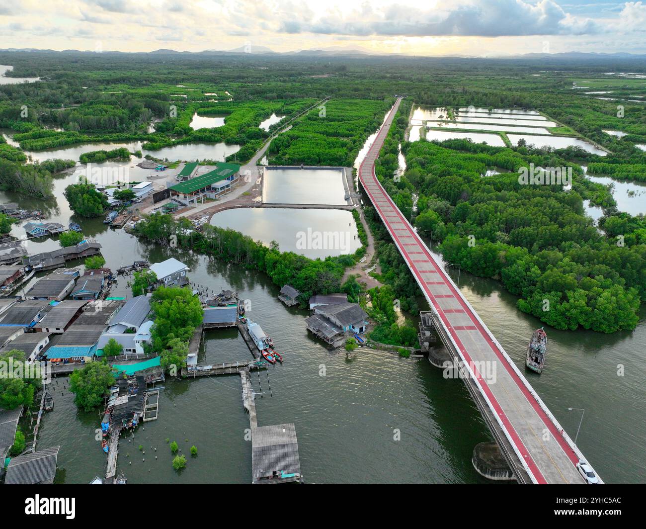 Aerial landscape of Pak Nam Prasae estuary in Rayong, Thailand. Fishing ...