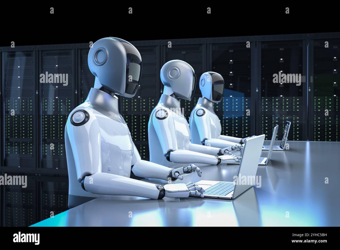 Automation server with 3d rendering humanoid robot working in server ...