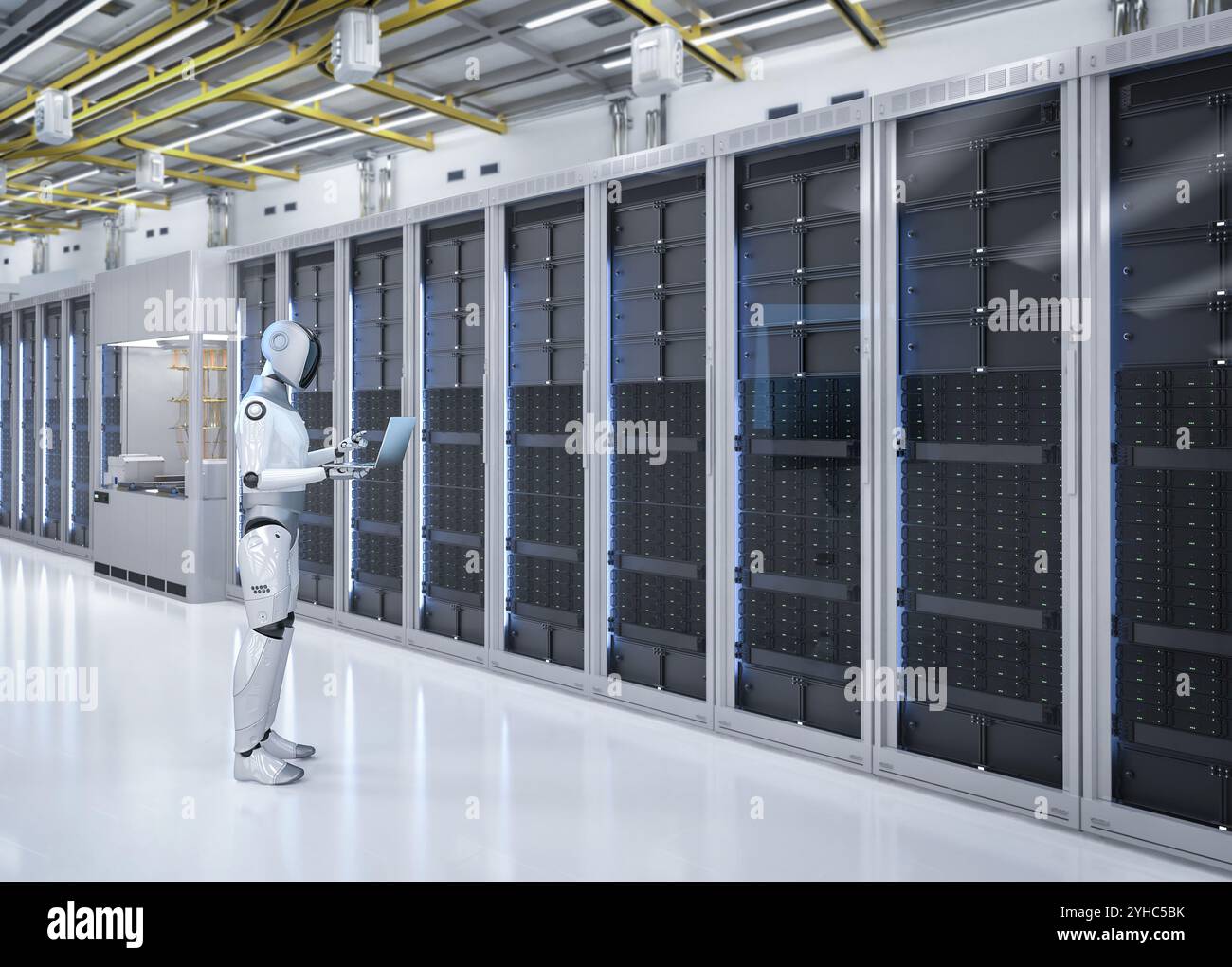 Automation server with 3d rendering humanoid robot working in server ...