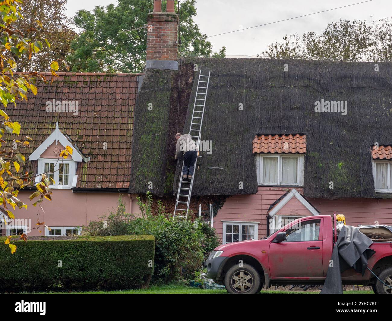 Roofer on a long ladder making repairs to the roof of a thatched ...