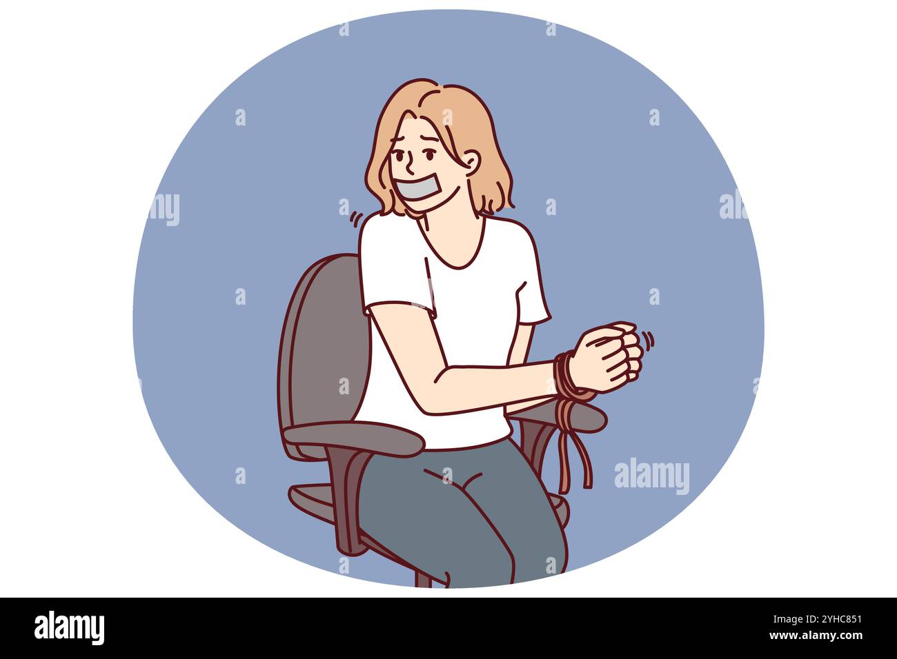 Woman hostage with bound hands sits in chair after being kidnapped or ...