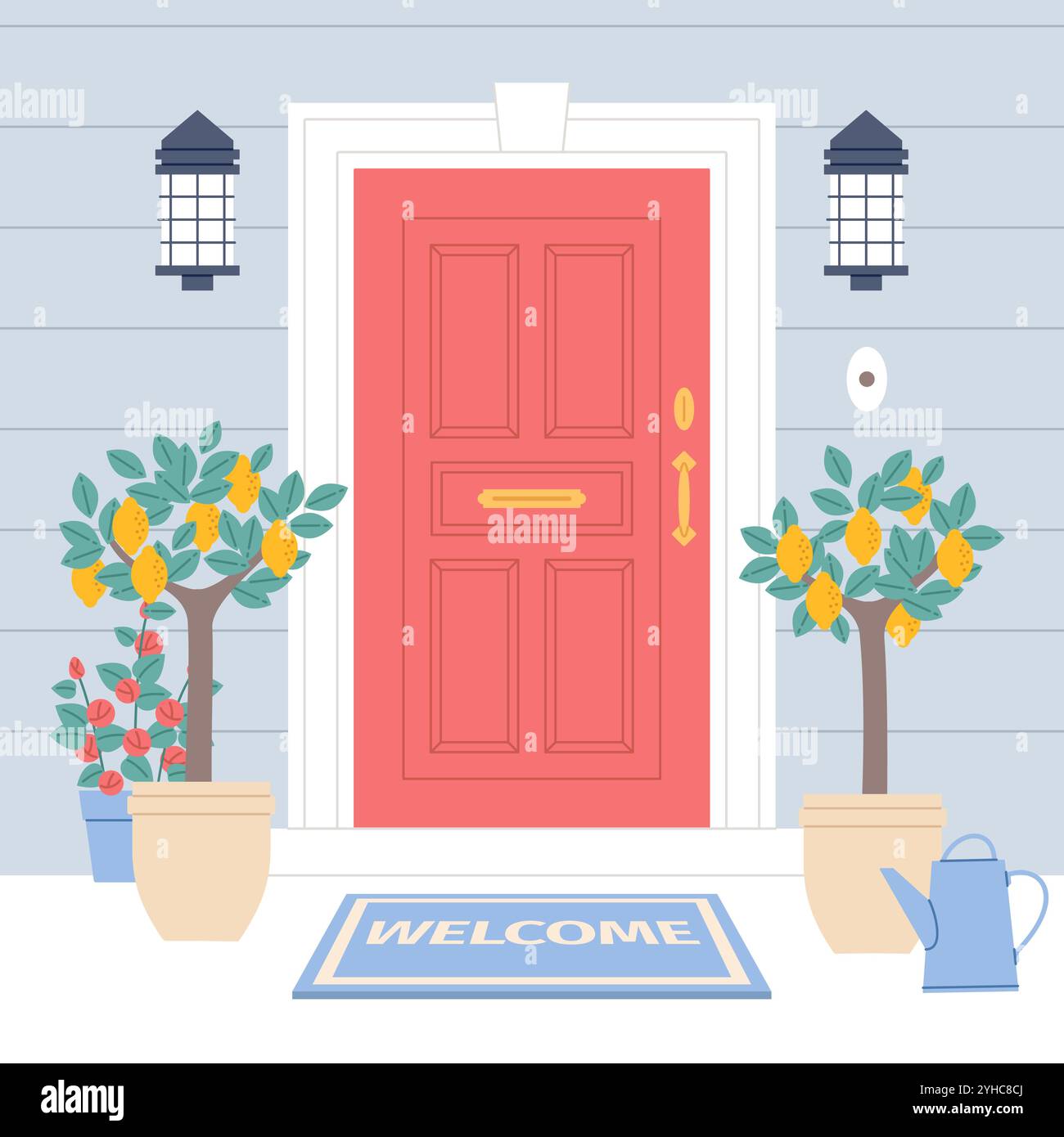 Welcome front door mat. Cartoon flat style house exterior part, wiping ...