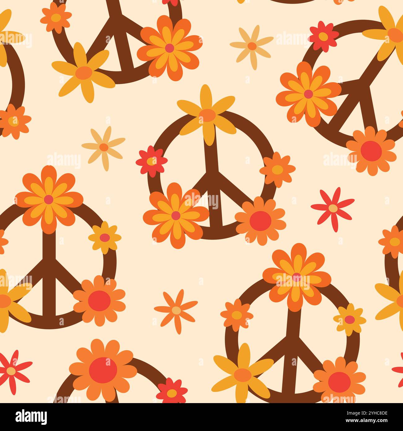 Peace and Love Signs with Groovy Retro Flowers seamless pattern. For ...