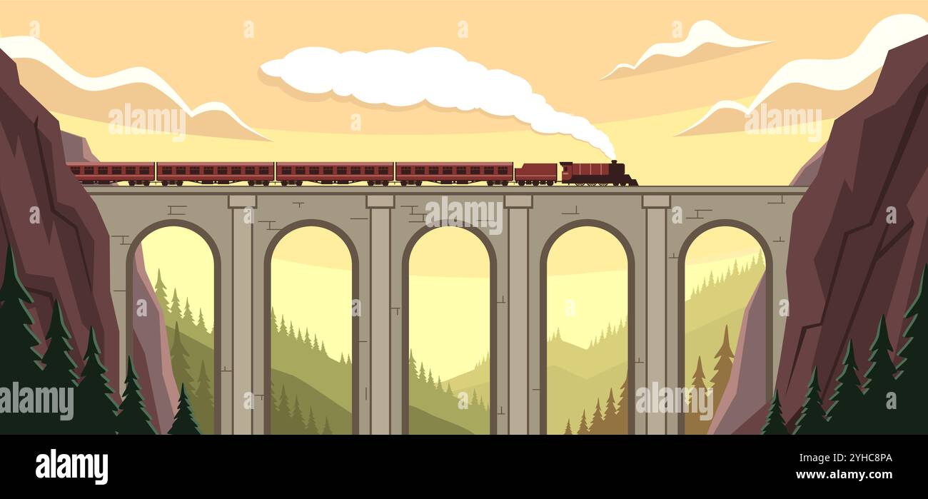 Railway bridge in mountains. Arched stone structure for passengers and ...