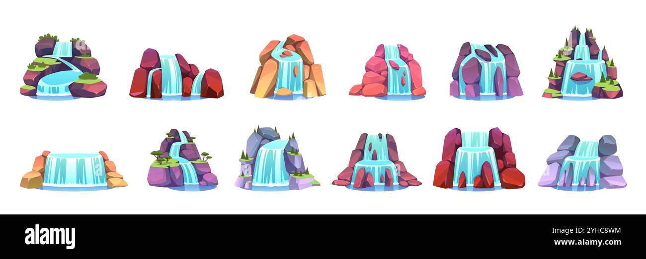 Picturesque mountain waterfalls. Cartoon nature corners, water pouring ...