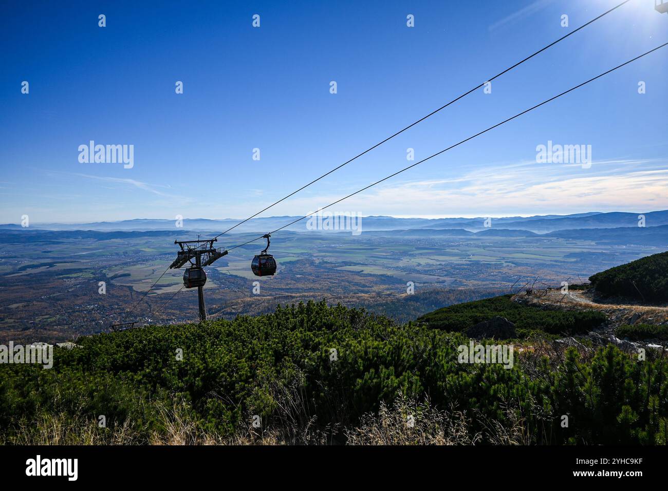 Cable car gondolas transporting tourists up a mountain, offering ...