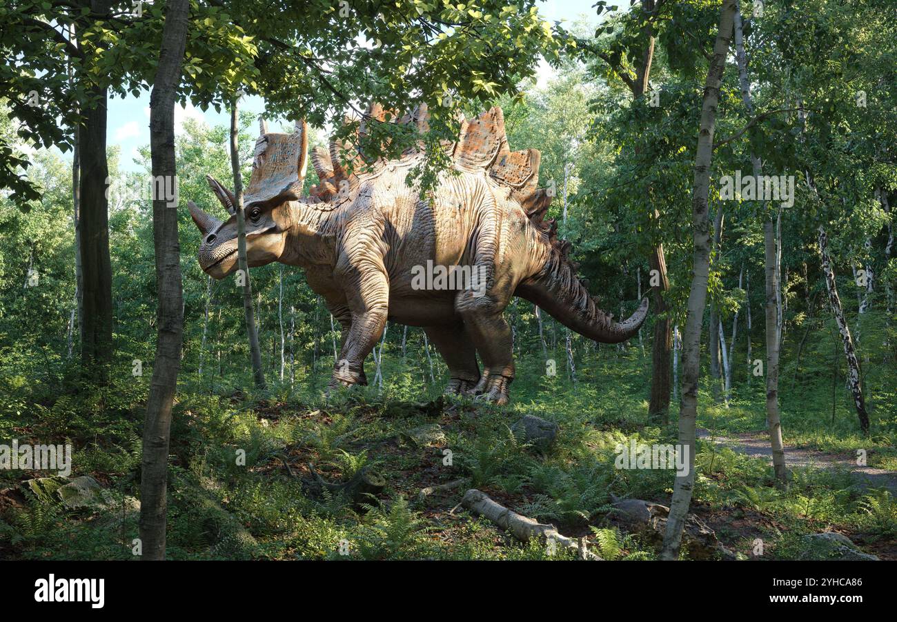 A realistic dinosaur roaming through a dense, sunlit forest. 3d render ...