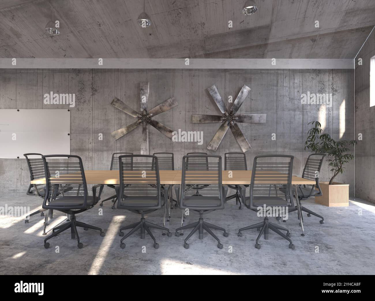 A sleek, office conference room with a minimalist design, featuring a ...