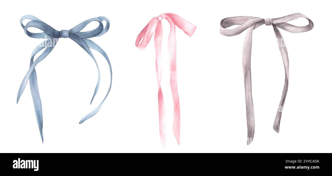 Watercolor bows and ribbons set. Girly romantic design, coquette style ...