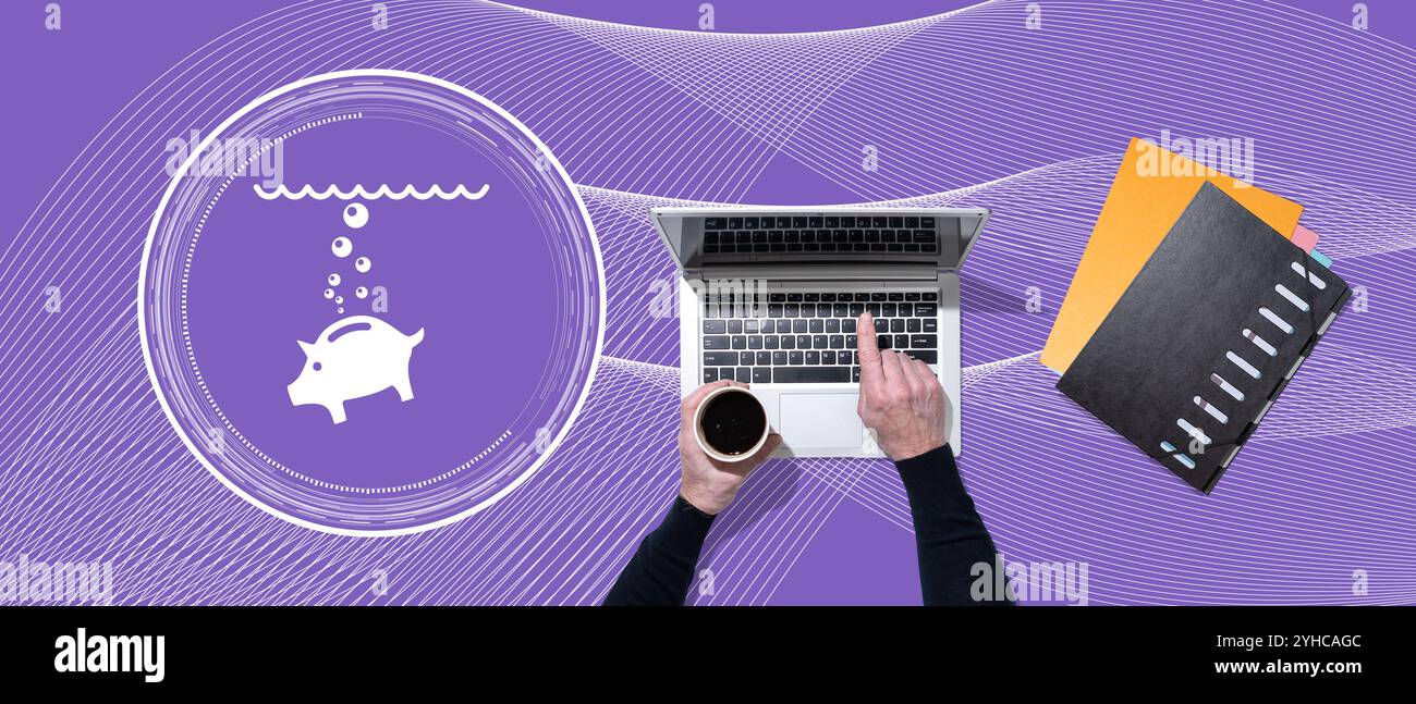 Top view of hands using laptop with symbol of inflation concept Stock ...