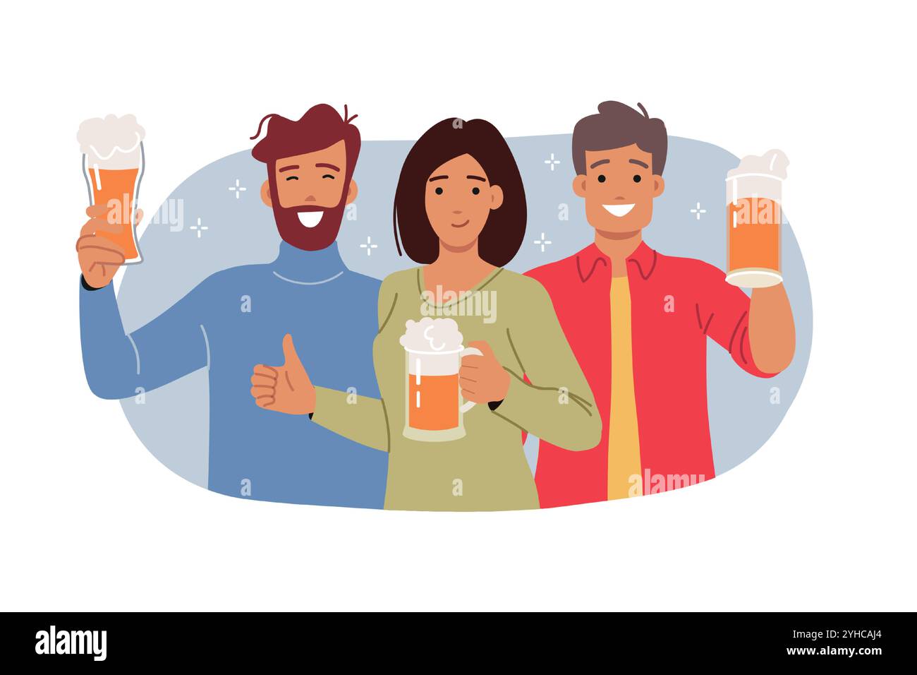 Beer party for positive people holding glasses of foamy ale purchased ...