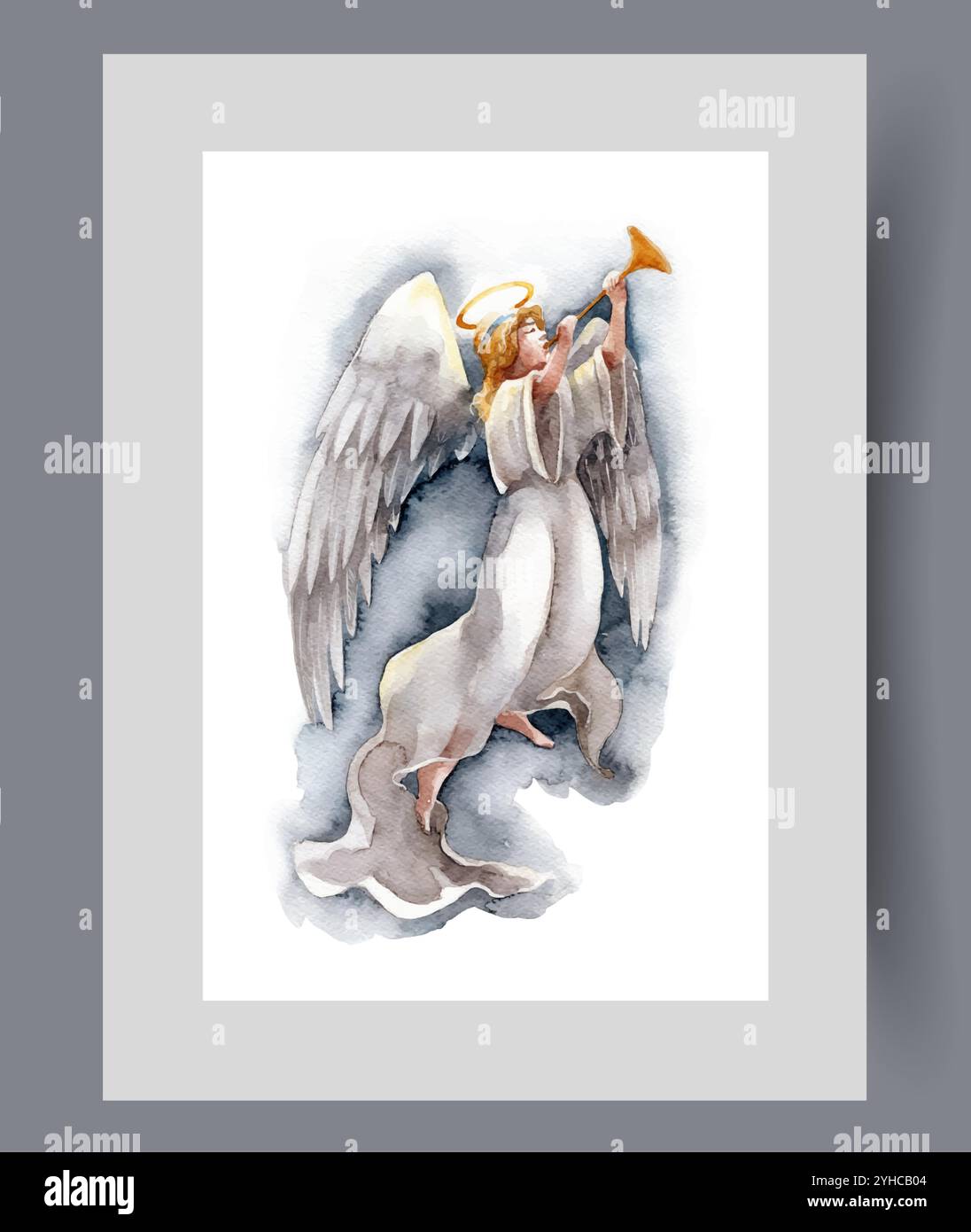 Angel with wings behind back flies in evening sky and plays trumpet on ...