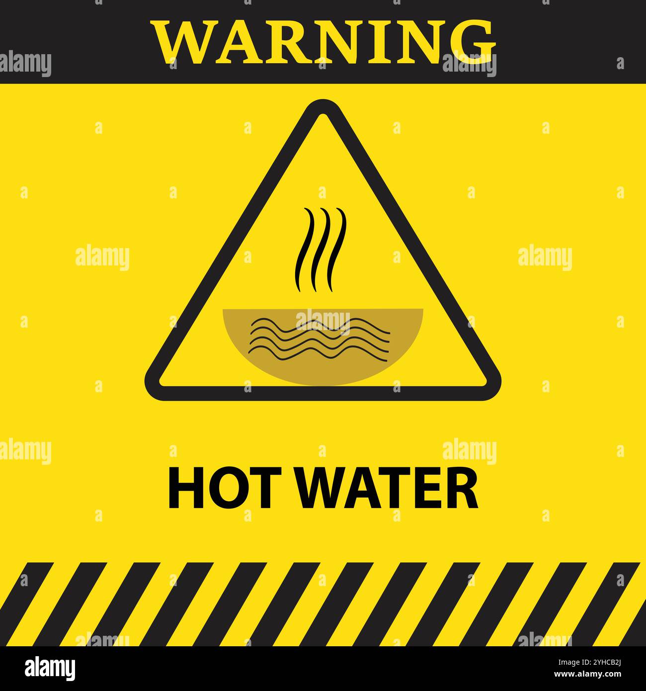 Warning hot water symbol in a triangle on yellow background with text ...