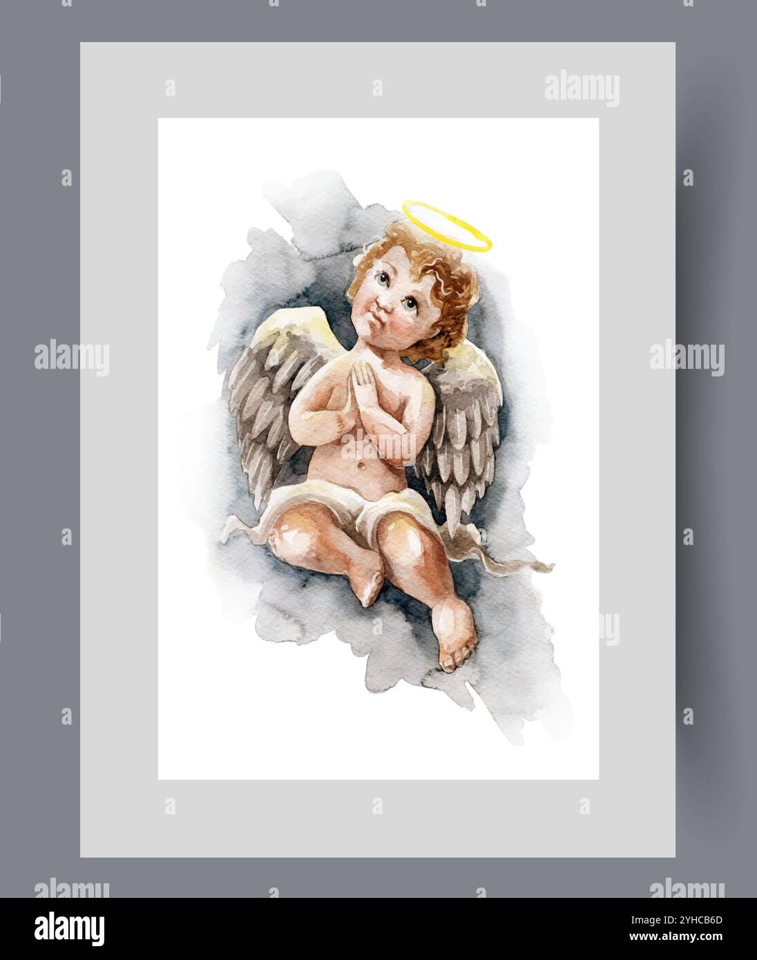 Baby angel with halo above head prays, flying in night sky on print ...