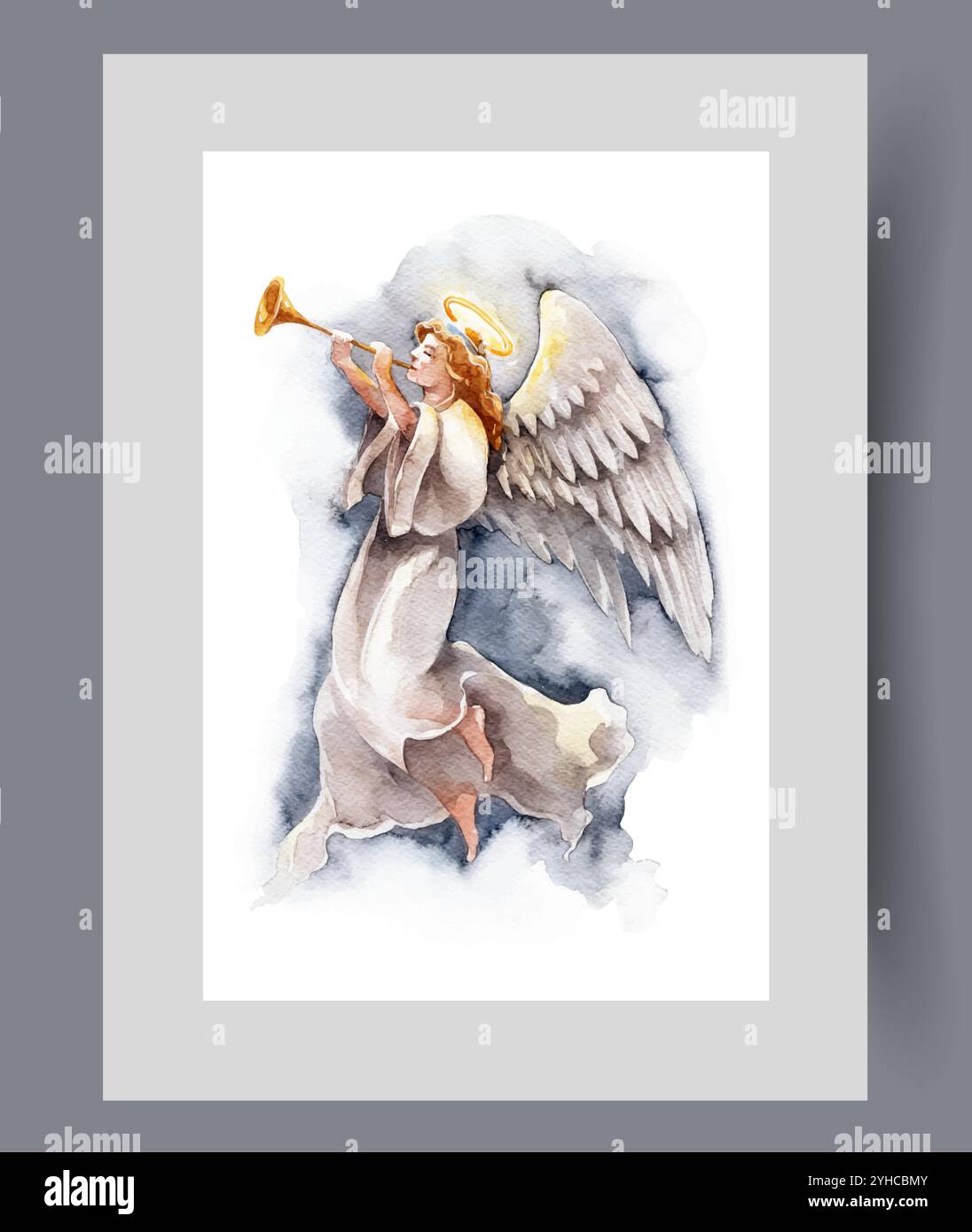 Angel plays wind musical instrument and flies in dark sky on print ...