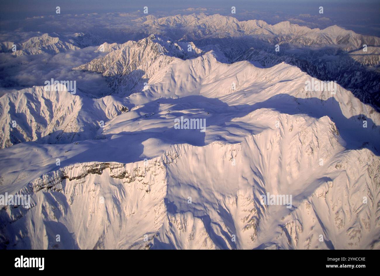Aerial shot of the Japan's Alps, Mount Tate region/Chubu Mountain ...