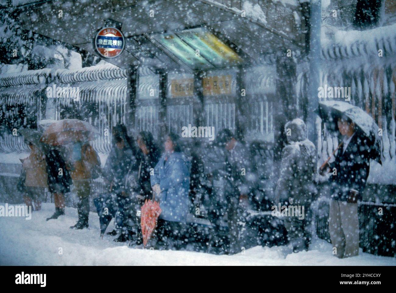A group of people wait at the bus stop during a snowstorm, Kanazawa ...