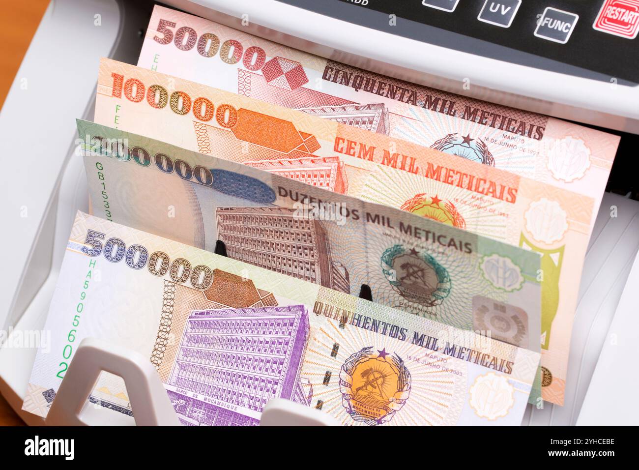 Old Mozambican money - metical in the counting machine Stock Photo - Alamy