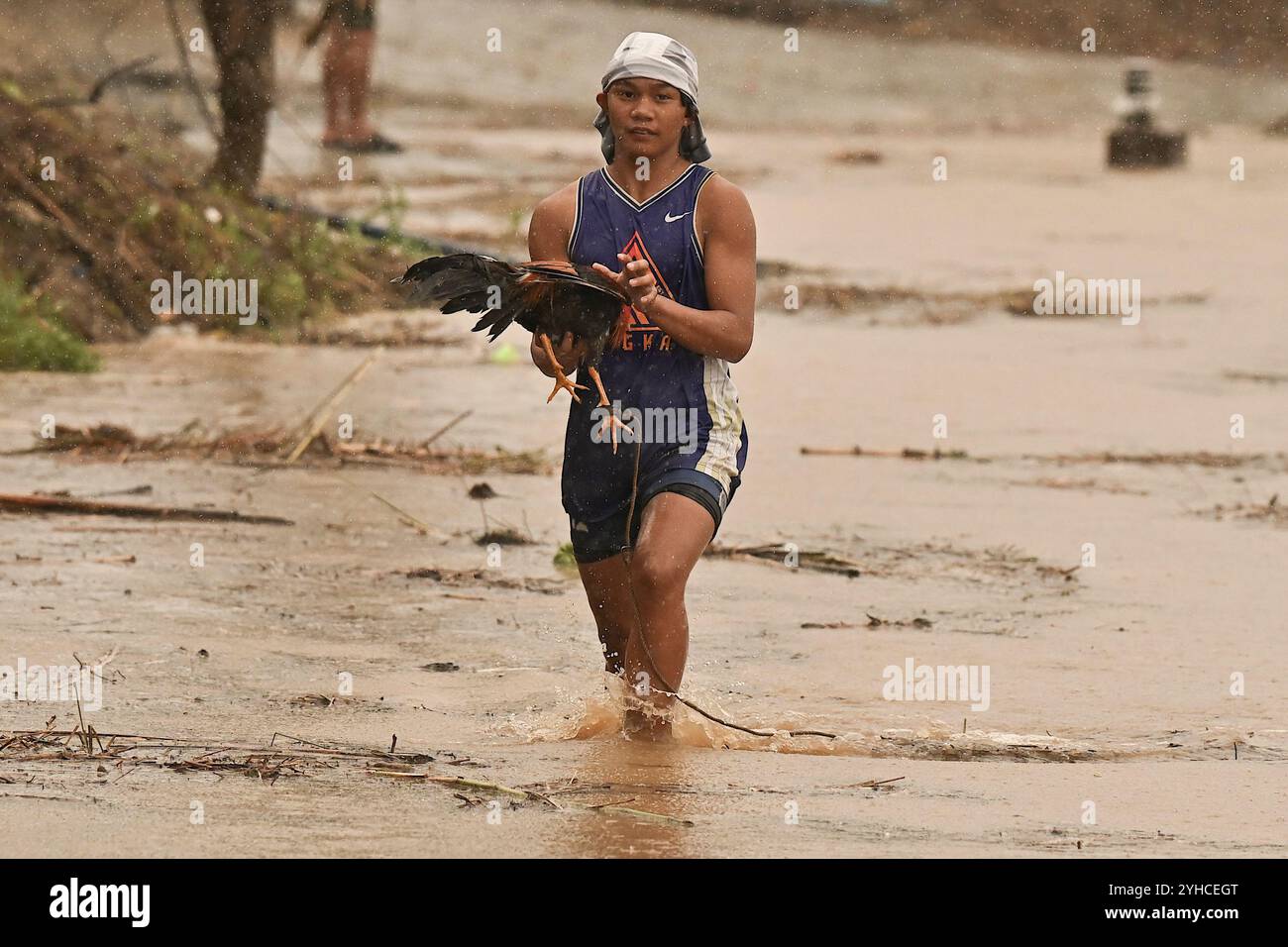 A resident carries a rooster along floods from a swollen river caused ...