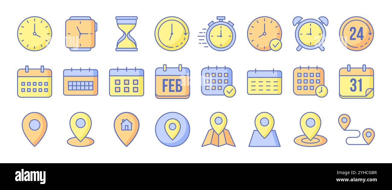 Clocks, calendars, and map location icon set on a white background. Time, date and address ...