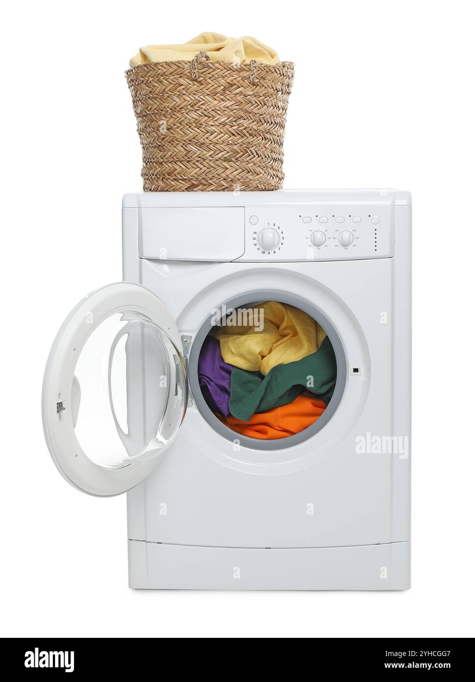Modern washing machine and laundry basket isolated on white Stock Photo ...