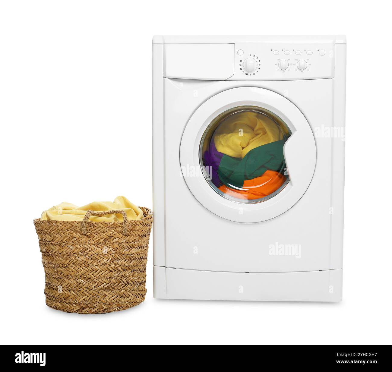Modern washing machine and laundry basket isolated on white Stock Photo ...