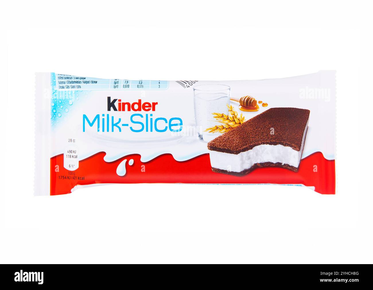 LONDON, UK - OCTOBER 27, 2024: Kinder milk slice deliciously hand-held ...