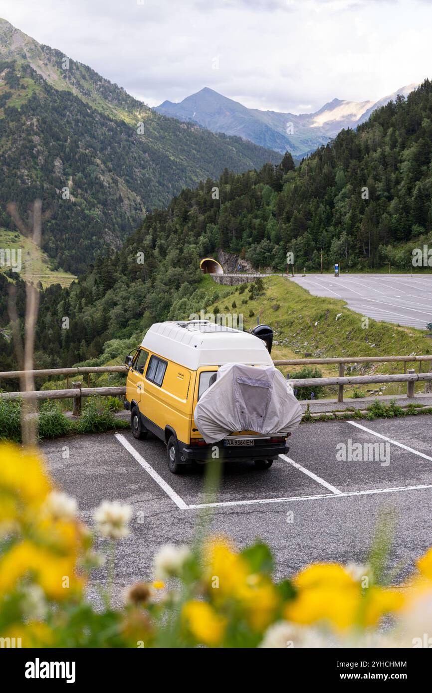 Retro yellow camper van in the Pyrenees mountains, Andorra Stock Photo ...