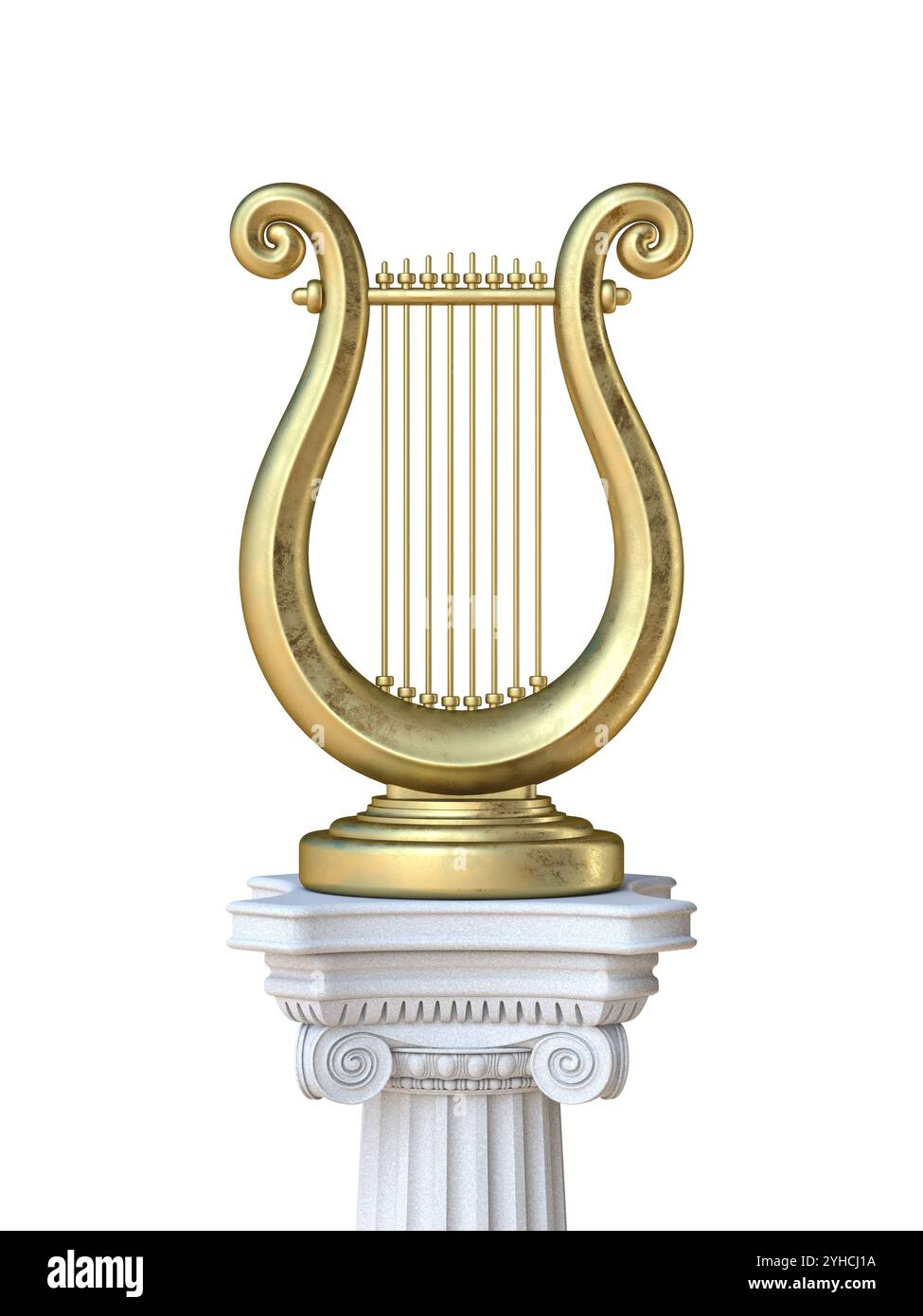 Golden lyre on antic column 3D rendering illustration isolated on white ...
