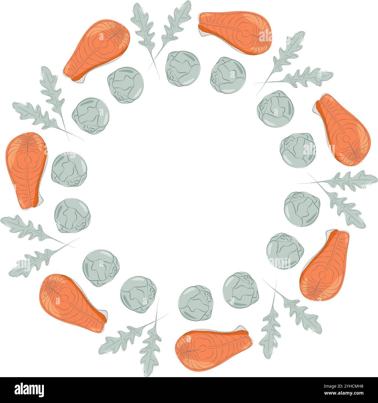 Salmon steak, arugula and Brussels sprout Round Frame border in trendy ...