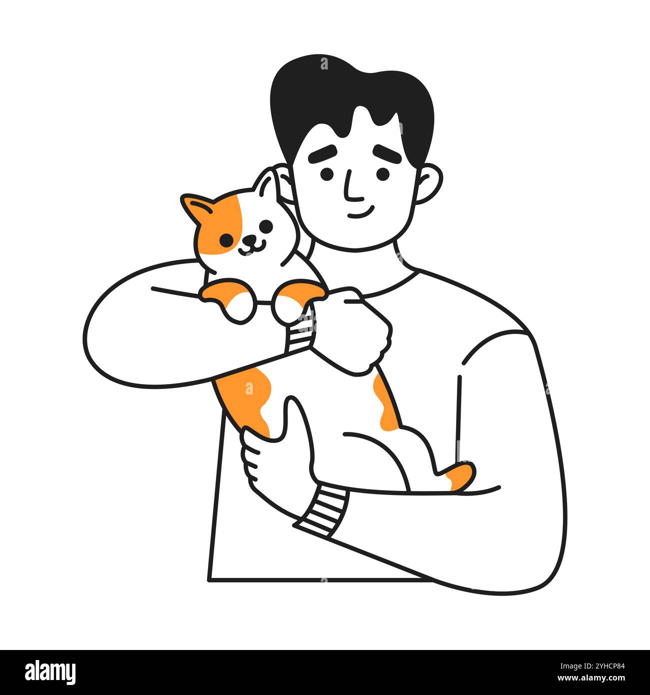 Happy young man tenderly holds beloved cat color linear icon. Guy ...