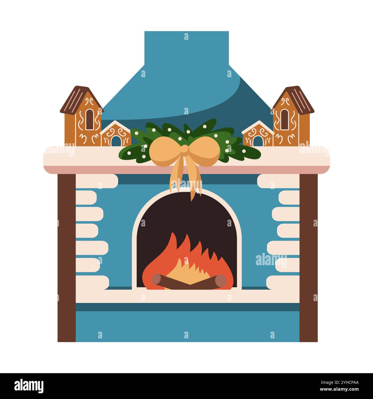 Fireplace decorated with festive Christmas gingerbread houses flat ...