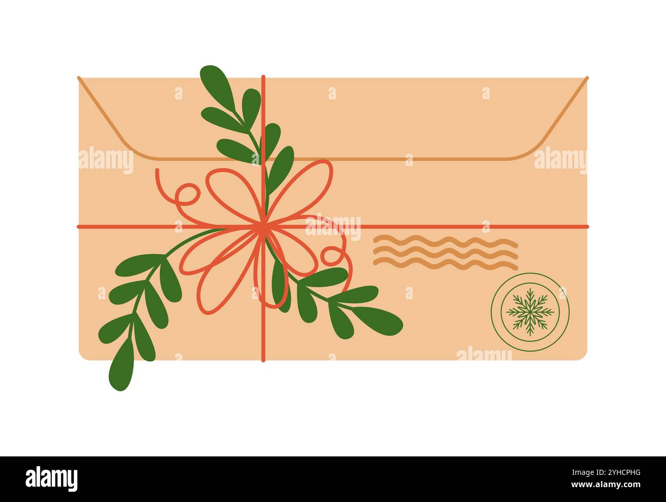 Christmas envelope with green leaves and red bow flat color vector ...