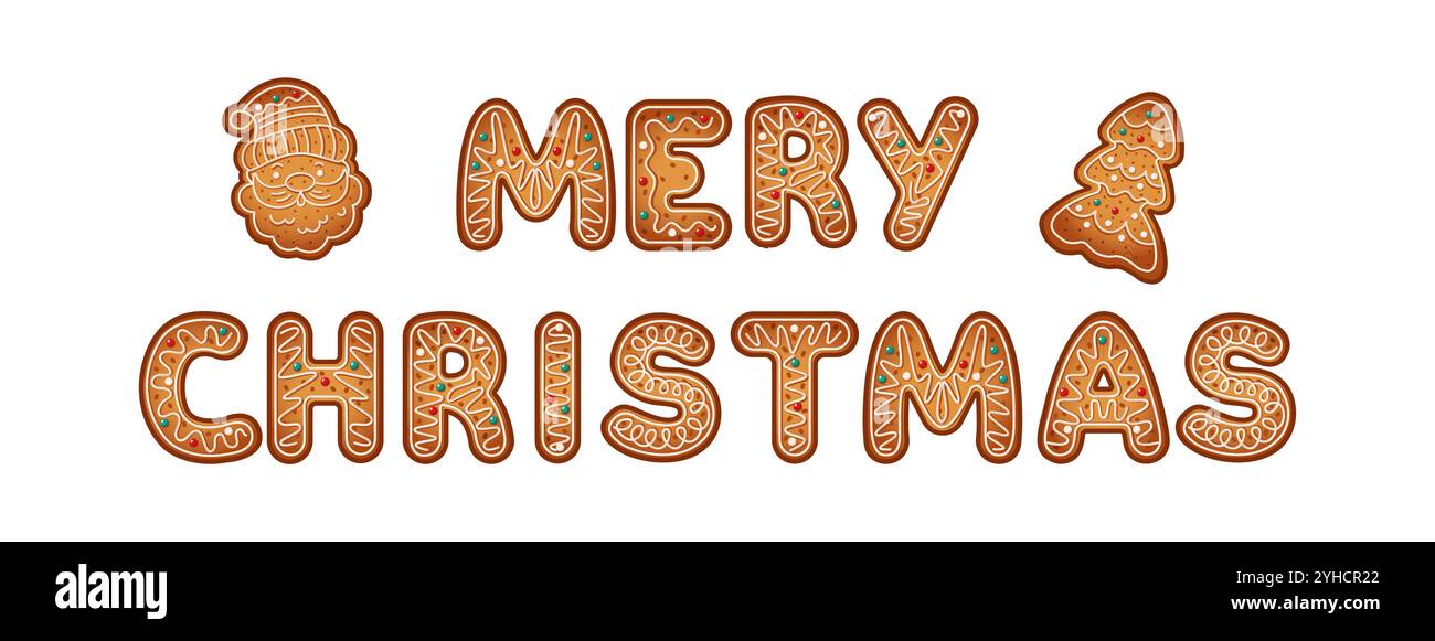 Words Merry Christmas made from gingerbread cookies flat color vector ...