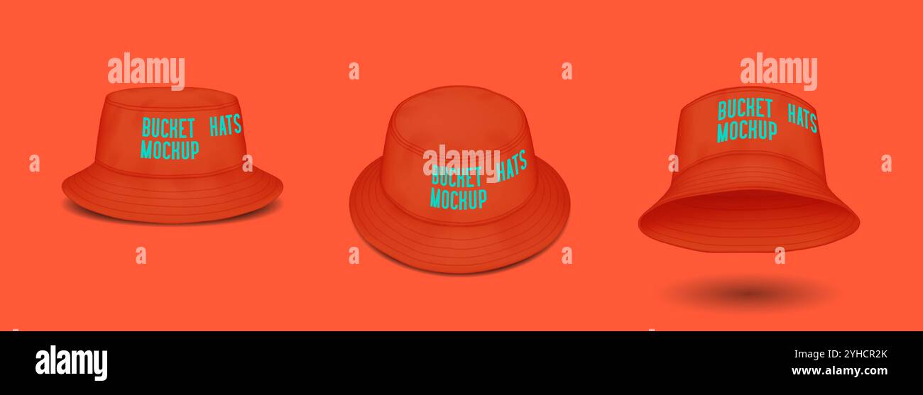 Red bucket hats mockup realistic vector illustration set. Stylish ...