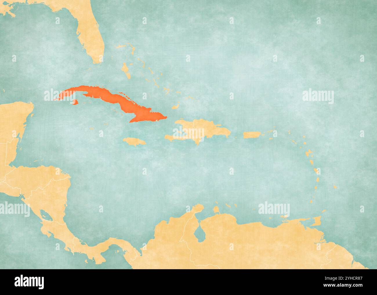 Cuba on the map of Caribbean islands in soft grunge and vintage style ...