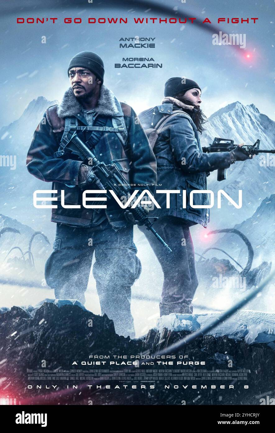 Elevation movie poster Morena Baccarin & Anthony Mackie Stock Photo - Alamy