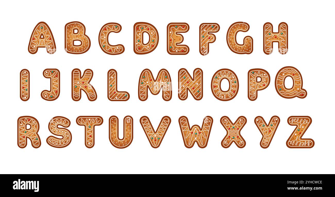 ABC festive gingerbread font flat color vector objects set. Complete ...