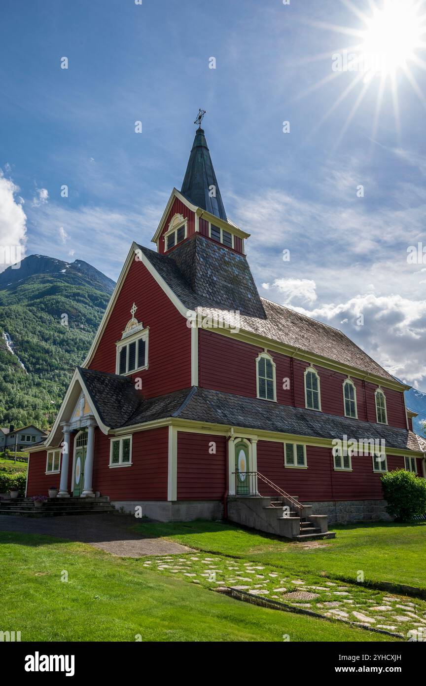 The red church of Olden, a village in Stryn Municipality, Vestland ...