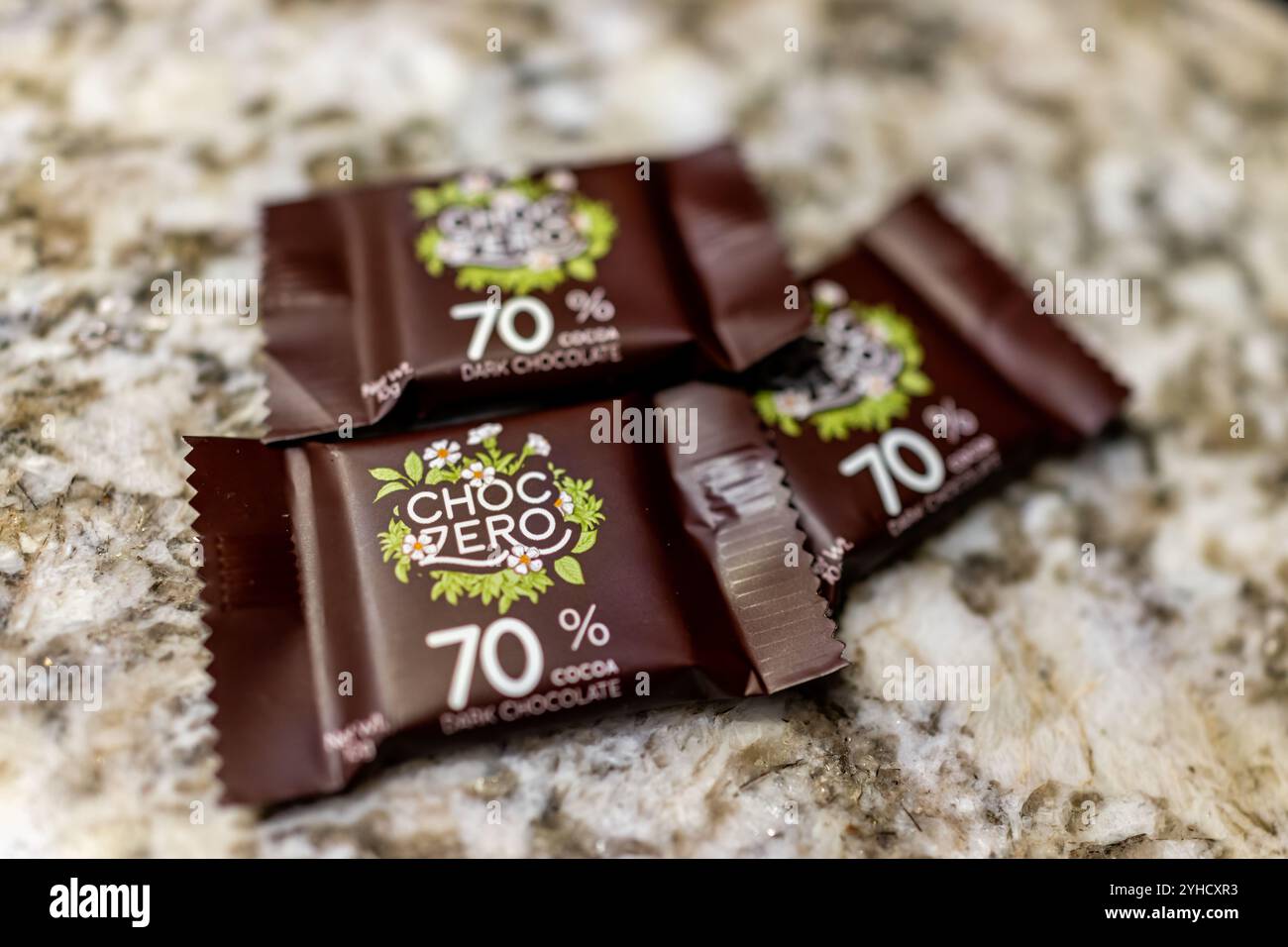 Avon, USA - August 29, 2022: Sign label for Choc Zero 70 percent cocoa ...